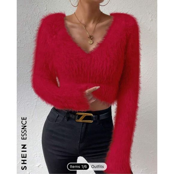 SHEIN | Sweaters | Shein Small Red Cropped Fuzzy Fluffy Sweater | Poshmark